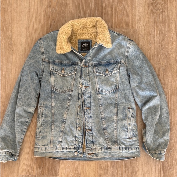Zara | Jackets & Coats | Zara Mens Blue Denim Jacket With Tan Fluffy ...